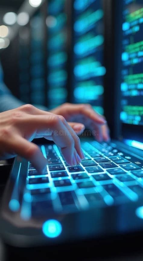 person is typing on a computer keyboard with blue keys stock image image of security
