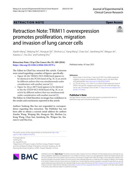 Pdf Retraction Note Trim11 Overexpression Promotes Proliferation