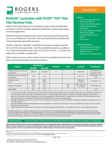 Ro4000 Laminates With Ticer Tcr Thin Film Resistor Foils Pdf Resistor Lamination
