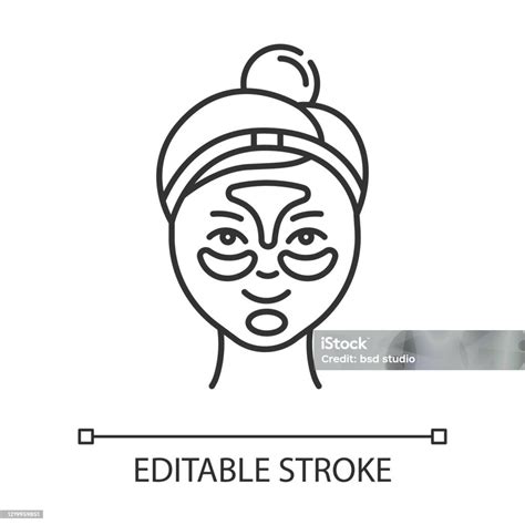 하이드로겔 패치 선형 아이콘 적용 스킨 케어 절차 블랙 헤드 제거 피부과 화장품 메이크업 가는 선 그림입니다 등고선 기호입니다 벡터 절연 윤곽선 도면 편집 가능한 스트로크