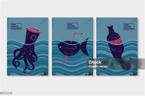 플라스틱 오염을 중지합니다 쓰레기와 해양 생물이 있는 생태 포스터 세트 에코 컨셉 벡터 일러스트레이션 바다에 대한 스톡 벡터 아트 및 기타 이미지 Istock