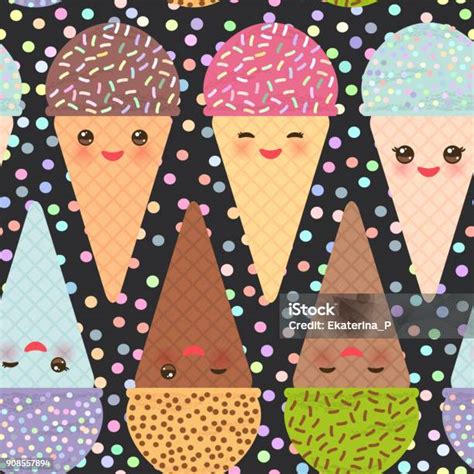 3 귀여운 민트 라즈베리 초콜릿 아이스크림 와플 콘 재미 총구 분홍색 뺨 및 윙크 눈 파스텔 색상 블랙 폴카 도트 블랙 배경으로 완벽 한 패턴입니다 벡터 귀여운에 대한 스톡