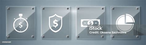 파이 차트 인포그래픽을 설정하고 지폐 현금을 쌓고 달러 기호가 있는 방패를 설정하고 시간은 돈입니다 정사각형 유리 패널 벡터 경영자에 대한 스톡 벡터 아트 및 기타 이미지