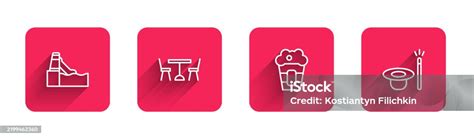 세트 라인 워터 슬라이드 의자가 있는 피크닉 테이블 상자에 있는 팝콘 긴 그림자가 있는 마술 모자 및 지팡이 빨간색 사각형 버튼입니다 벡터 가구에 대한 스톡 벡터 아트 및