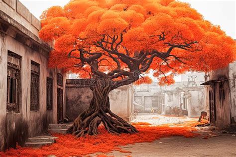 A Large Tree With Orange Leaves Stands In A Field Of Rocks Stock Photo Image Of Outdoor
