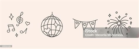 결혼식 손으로 그린 낙서 아이콘 세트 음악 디스코 볼 깃발 펜던트 화환 불꽃 놀이 축제 장식 초대장 카드 배너 메뉴에 대 한 흰색 배경에 유기적 인 스타일 벡터 결혼 기호를