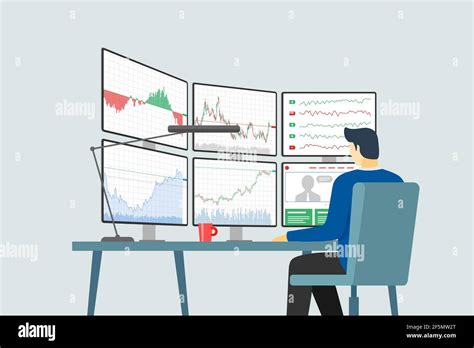 Stock Market Trader At Workplace Looking At Multiple Computer Screens