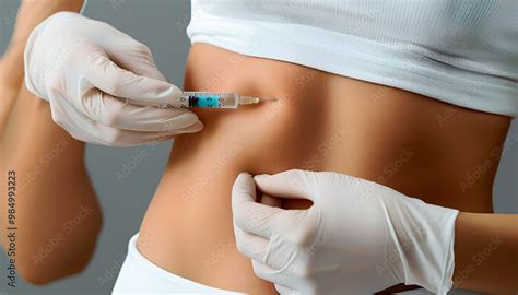 Woman Putting A Hormonal Injection In Her Stomach With Pen Syringe On A Grey Background The Use