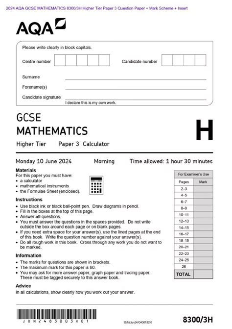 2024 Aqa Gcse Mathematics 8300 3h Higher Tier Paper 3 Question Paper Mark Scheme Insert