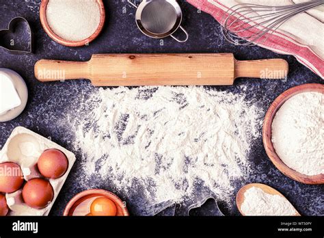 Ingredients For Baking Flour Wooden Spoon Rolling Pin Eggs Top