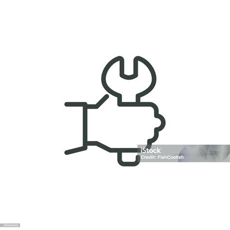 얇은 윤곽선 아이콘 인간의 손이 렌치를 들고 팔에 스패너 자동차 정비사 서비스 배관 공사와 같은 라인 표시 흰색 배경에 웹에 대한 벡터 컴퓨터 격리 된 Pictograms