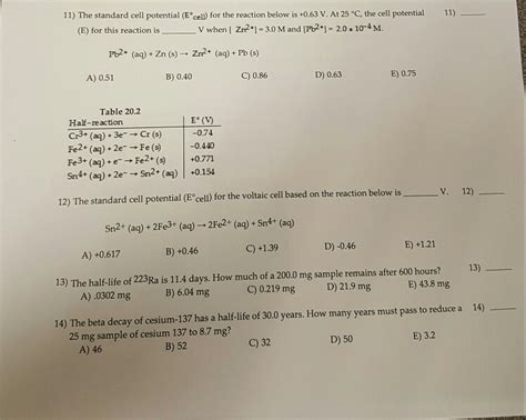 Solved 11 The Standard Cell Potential E Cel For The