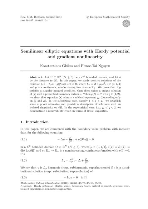 Pdf Semilinear Elliptic Equations With Hardy Potential And Gradient Nonlinearity