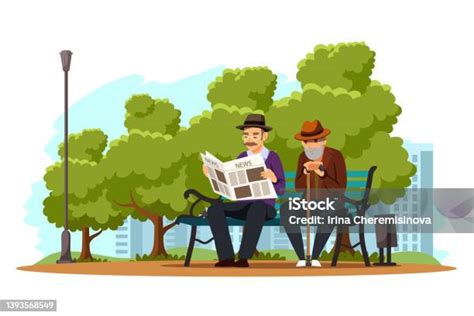 노인들은 도시 공원의 벤치에 앉고 할아버지는 지팡이를 들고 신문을 읽는 남자 노인 남자에 대한 스톡 벡터 아트 및 기타 이미지 노인 남자 정원 2명 Istock