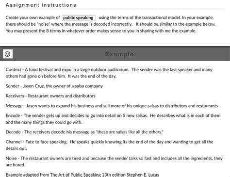 assignment instructions create your own example of public speaking using the terms of the