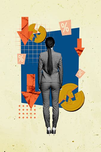 3d 콜라주 디자인 복합 트렌드 아트 워크 젊은 아가씨의 스케치 서 뒤로 화살표 아래로 위기 손실 퍼센트 현금 차트 퍼센트 파산