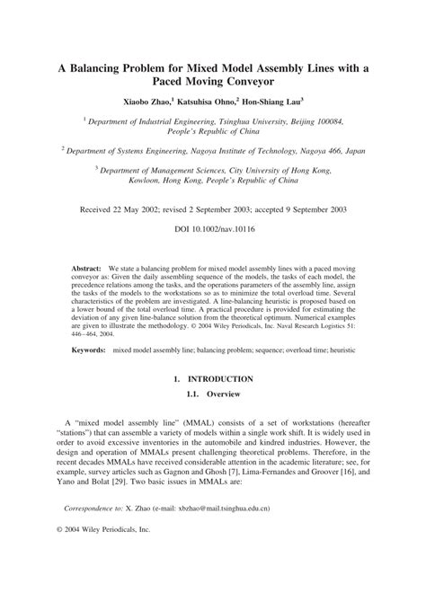 Pdf A Balancing Problem For Mixed Model Assembly Lines With A Paced Moving Conveyor