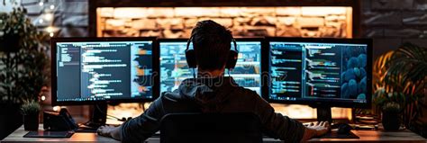 Focused Programmer Working Late at Night on Multiple Monitors a Programmer is Focused on Their ...