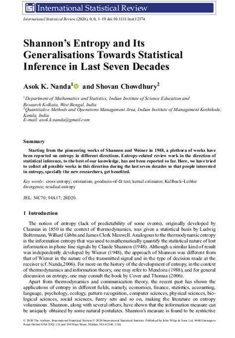 Pdf Shannons Entropy And Its Generalisations Towards Statistical