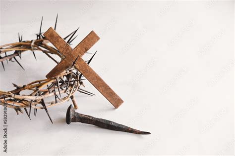 Jesus Crown Thorns And Nails And Cross On A White Background