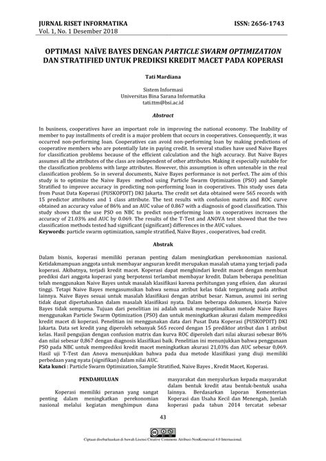Pdf Optimasi NaÏve Bayes Dengan Particle Swarm Optimization Dan Stratified Untuk Prediksi
