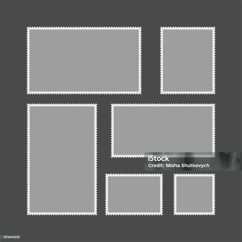 빈 우표 스탬프입니다 다른 크기 서식 파일 우편 스티커 우편 톱니 테두리 벡터 평면 스타일 만화 일러스트 레이 션 가장자리에