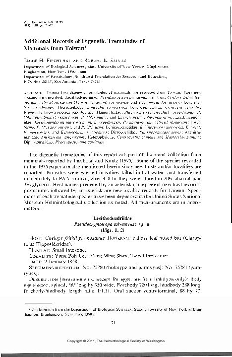 Pdf Additional Records Of Digenetic Trematodes Of Birds From Taiwan