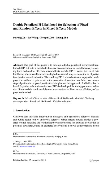 Pdf Double Penalized H Likelihood For Selection Of Fixed And Random Effects In Mixed Effects