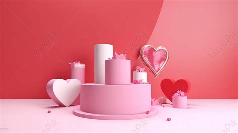 발렌타인 데이 테마 3d 렌더링 축제 분위기로 장식된 원통형 연단 거대한 하트와 분홍색 배경의 선물 축제 테마 배경 연단 배경 원통 배경 이미지 Hd 축제 테마