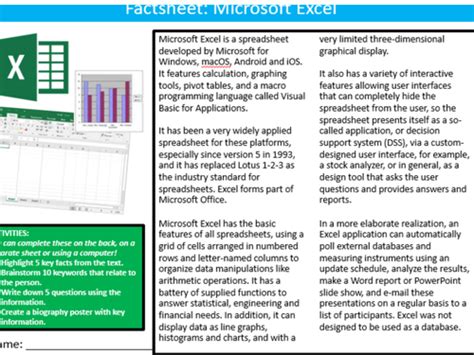 Microsoft Excel Factsheet Worksheet Ict Computing Starter Keywords