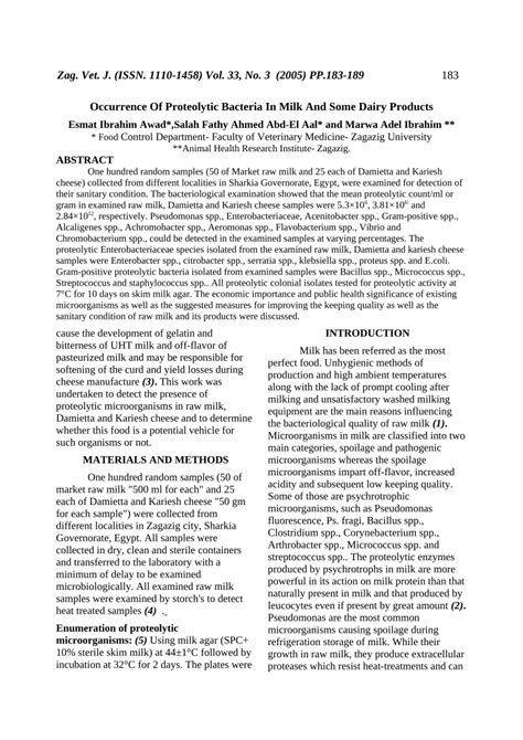 Pdf Occurrence Of Proteolytic Bacteria In Milk And Some Dairy Products
