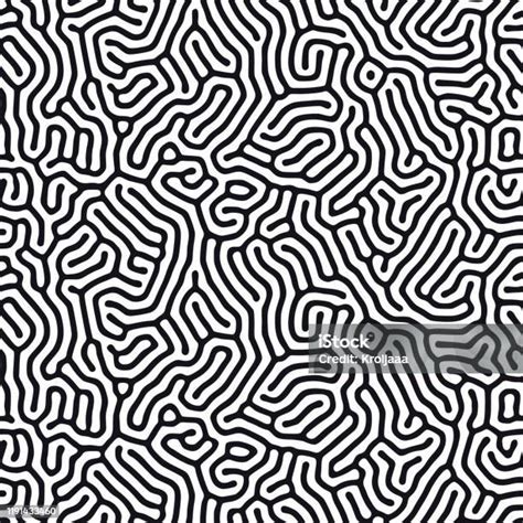 둥근 선이있는 유기적 배경 확산 반응 원활한 패턴 생물학적 모양의 선형 설계 흑백의 추상 벡터 그림입니다 미로 효과 검은색에
