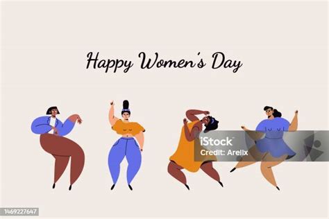 춤추는 여자들 만화 다양 한 여성 캐릭터 국제 여성의 날 연대 개념 벡터 평면 그림 International Womens Day