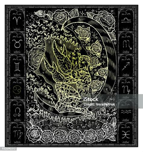 환상의 조디악 로그인 암 고딕 프레임 블랙에 화이트 실루엣 0명에 대한 스톡 벡터 아트 및 기타 이미지 0명 갈고리 발톱 게자리 Istock