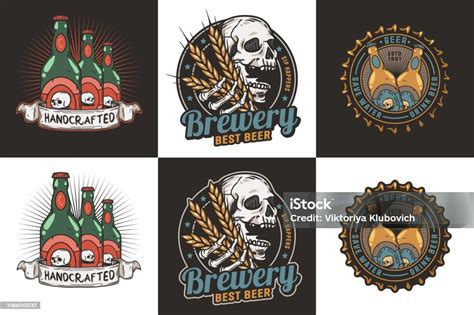 맥주 캡 캔 홉 스켈레톤 및 병이 있는 양조 엠블럼 또는 수제 맥주 로고의 맥주 세트 두개골 맥주 유리 및 바 펍 또는 양조장 상점을 위한 보리가 있는 라벨 또는 인쇄