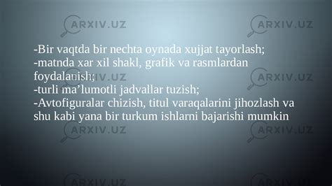 Matnli Malumotlarni Qayta Ishlash Dasturlarining Imkoniyatlari Informatika Va AT Slaydlar