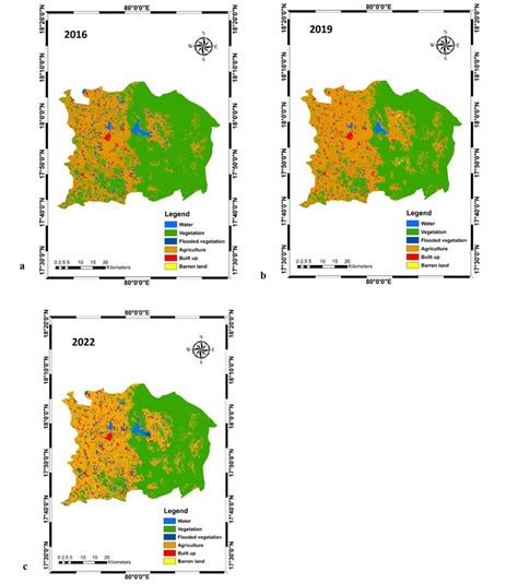 spatial variations of lulc for the years a 2016 b 2019 c 2022
