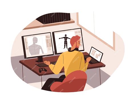 데스크톱 및 노트북 컴퓨터로 3d 아티스트 드로잉 모델 책상에서 일하는 디지털 크리에이터 Pc 화면에서 작업하는 동안