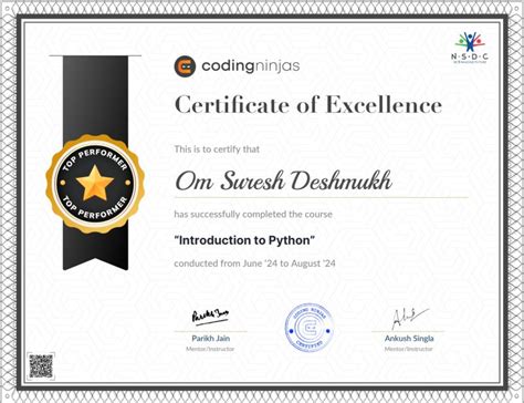 Om Deshmukh On Linkedin Topperformer Python Codingninjas Nsdc Learningjourney Programming