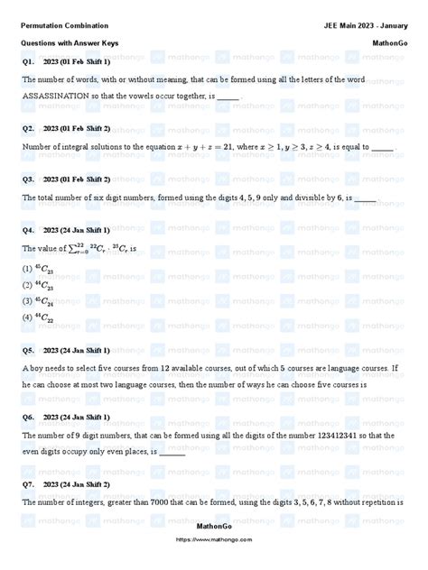 Pdf Jee Main 2023 January Permutation Combination Pdf