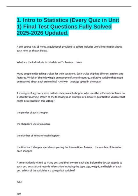 1 Intro To Statistics Every Quiz In Unit 1 Final Test Questions Fully Solved Updated Stam