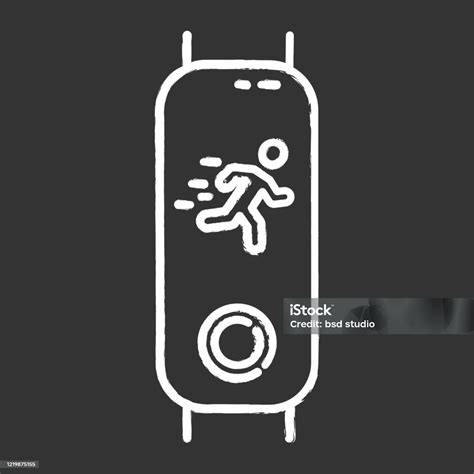 디스플레이 분필 아이콘에 실행 남자 실루엣 피트니스 추적기 웰빙 가제트 모니터링 빠른 움직임 조깅 시간을 측정하는 활동적인 라이프 스타일 장치 절연 벡터 칠판 그림 건강한