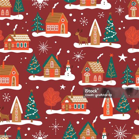 귀여운 집과 전나무 나무와 크리스마스 휴가를위한 원활한 패턴 직물 포장지 섬유 벽지 및 의류에 대한 유치한 배경 0명에 대한 스톡 벡터 아트 및 기타 이미지 Istock