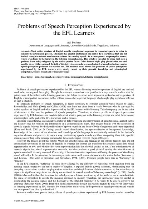 Pdf Problems Of Speech Perception Experienced By The Efl Learners