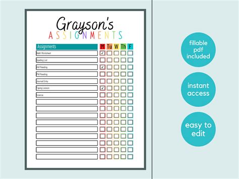 Weekly Assignment Checklist Printable Canva Template Assignment Tracker Rainbow Etsy