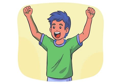 Мальчик улыбается и поднимает руки в воздух Премиум векторы
