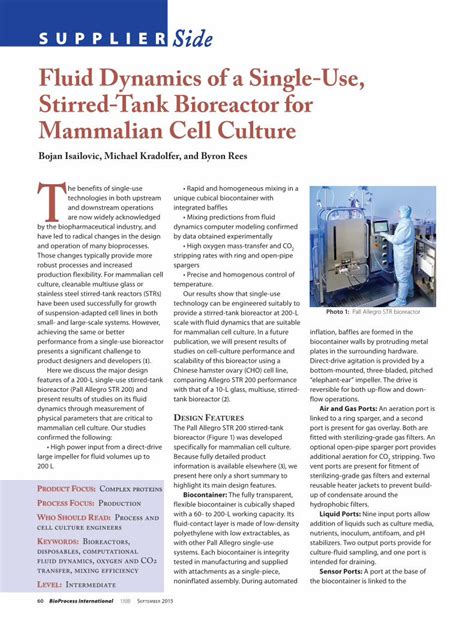 Pdf Fluid Dynamics Of A Single Use Stirred Tank Bioreactor · Linked To A Ring Sparger