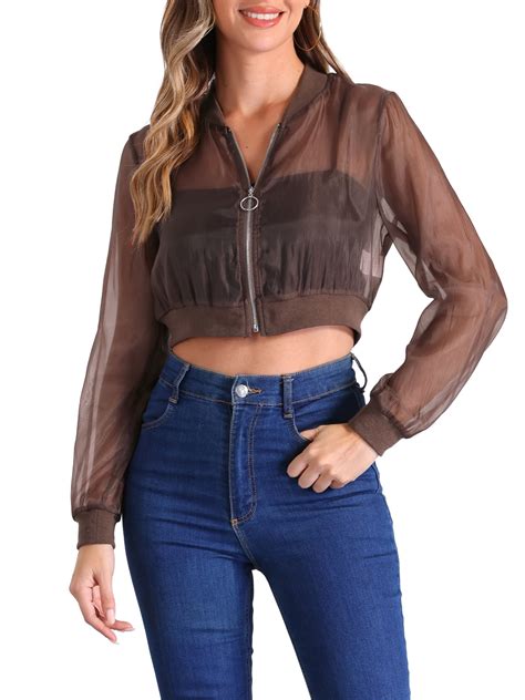 Inspire Chic Bomber Jacket For Womens Long Sleeve Crop Mesh Sheer