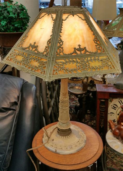 Antique Slag Glass Table Lamp With Shade