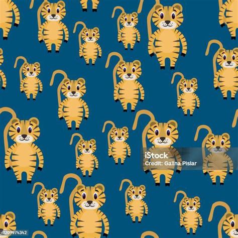 파란색 배경에 플랫 스타일로 귀여운 호랑이와 원활한 패턴 장식 및 디자인 포장 벽지 포장지 직물 포스터 엽서 웹 페이지를위한 스톡 벡터 일러스트레이션 새끼 호랑이에 대한